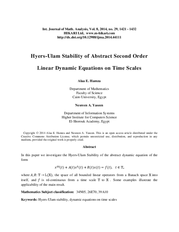 (PDF) Hyers-Ulam stability of abstract second order linear dynamic ...