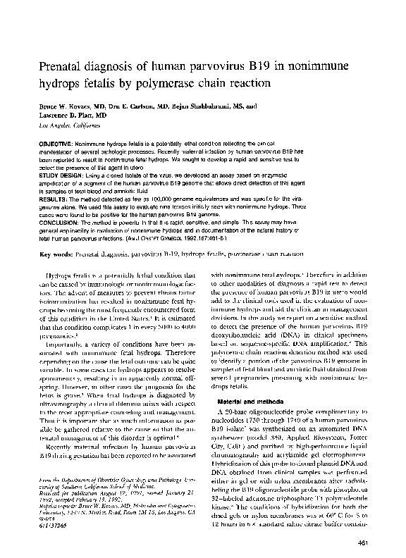 (PDF) Prenatal diagnosis of human parvovirus B19 in nonimmune hydrops ...