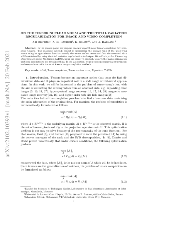 (PDF) On the tensor nuclear norm and the total variation regularization ...