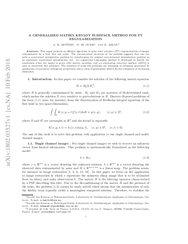 (PDF) A generalized matrix Krylov subspace method for TV regularization | Abdeslem Hafid BENTBIB ...