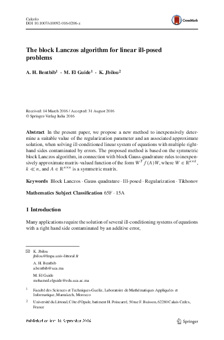 Pdf The Block Lanczos Algorithm For Linear Ill Posed Problems