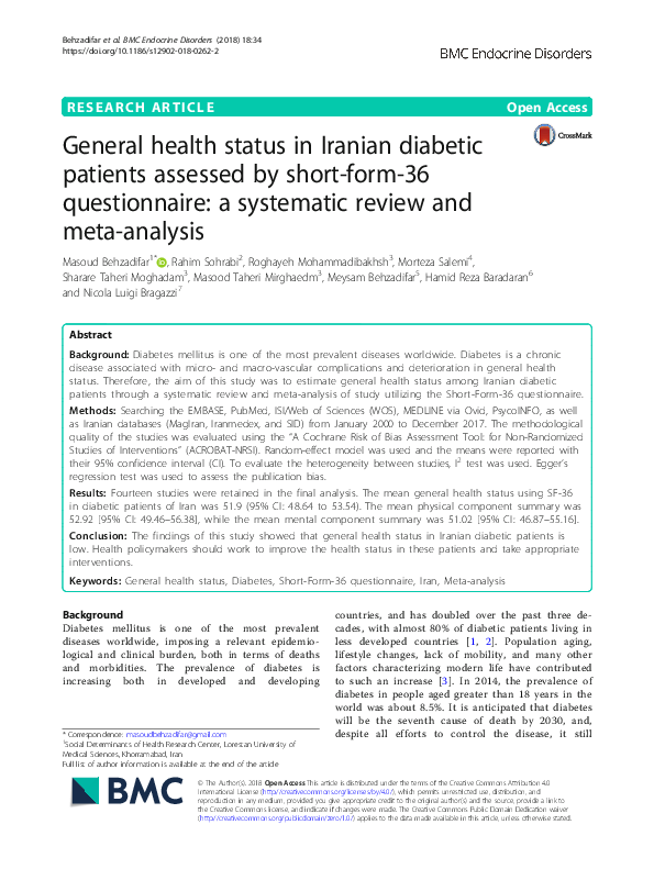 (PDF) General health status in Iranian diabetic patients assessed by ...
