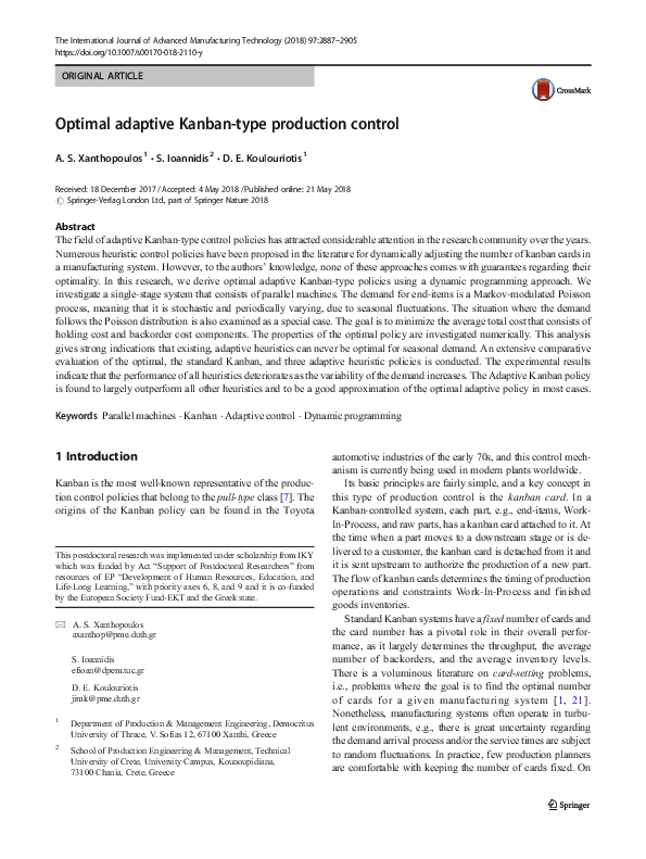 (PDF) Optimal adaptive Kanban-type production control