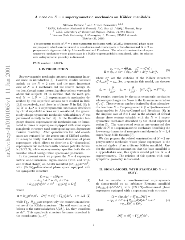 (PDF) Note on N = 4 supersymmetric mechanics on Kähler manifolds | Armen Nersessian - Academia.edu