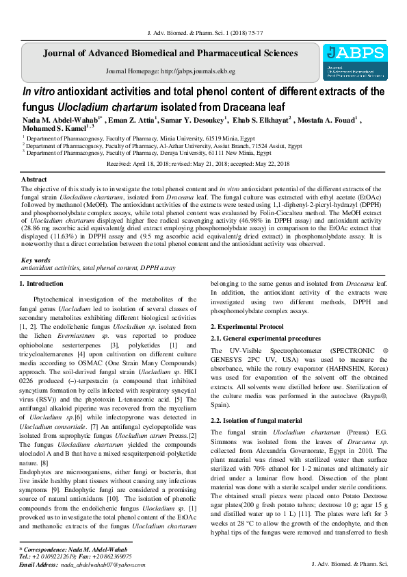 (PDF) Evaluation of in vitro antioxidant activities and total phenol content of different ...