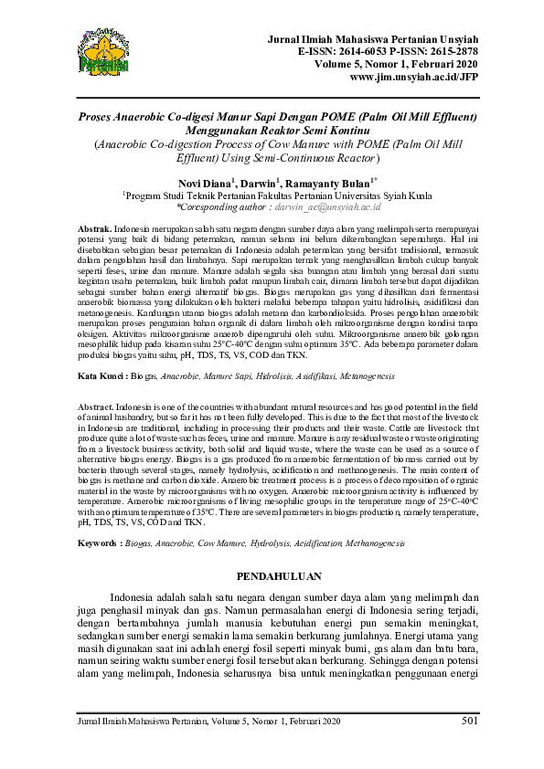 (PDF) Proses Anaerobic Co-digesi Manur Sapi Dengan POME (Palm Oil Mill Effluent) Menggunakan ...