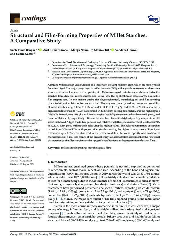 (PDF) Structural and Film-Forming Properties of Millet Starches: A Comparative Study