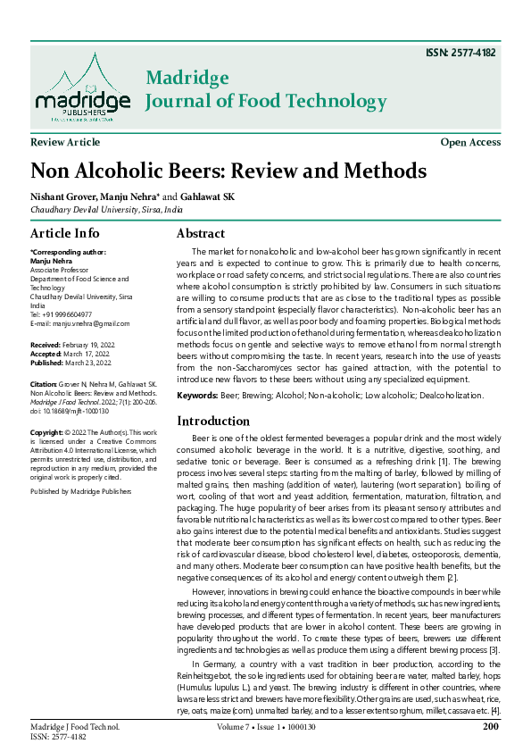 (PDF) Non Alcoholic Beers: Review and Methods