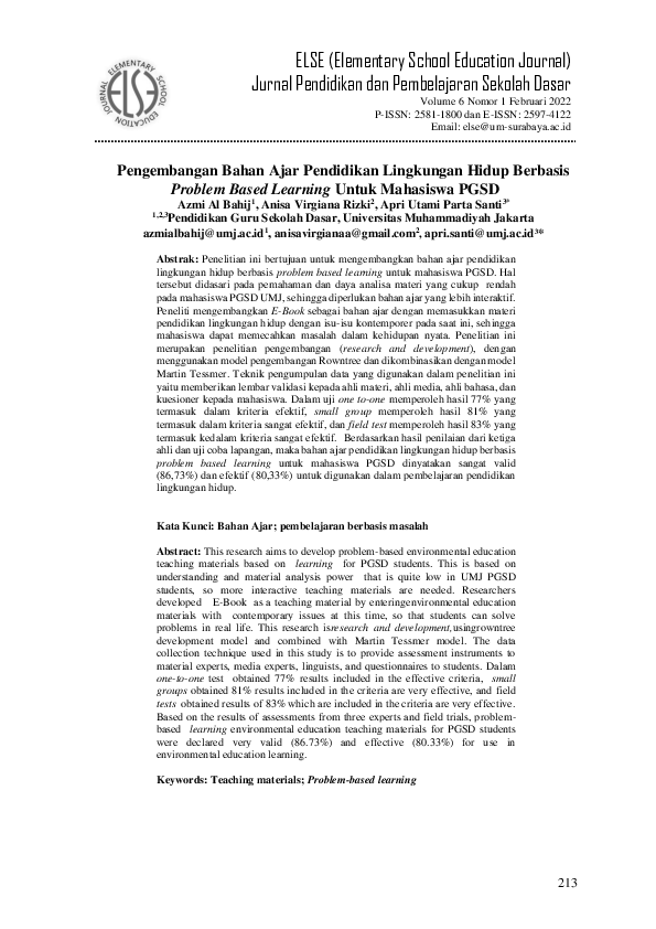 (PDF) Pengembangan Bahan Ajar Pendidikan Lingkungan Hidup Berbasis Problem Based Learning Untuk ...