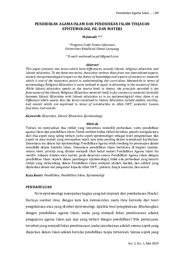 (PDF) Pendidikan Agama Islam Dan Pendidikan Islam Tinjauan Epistemologi, Isi, Dan Materi