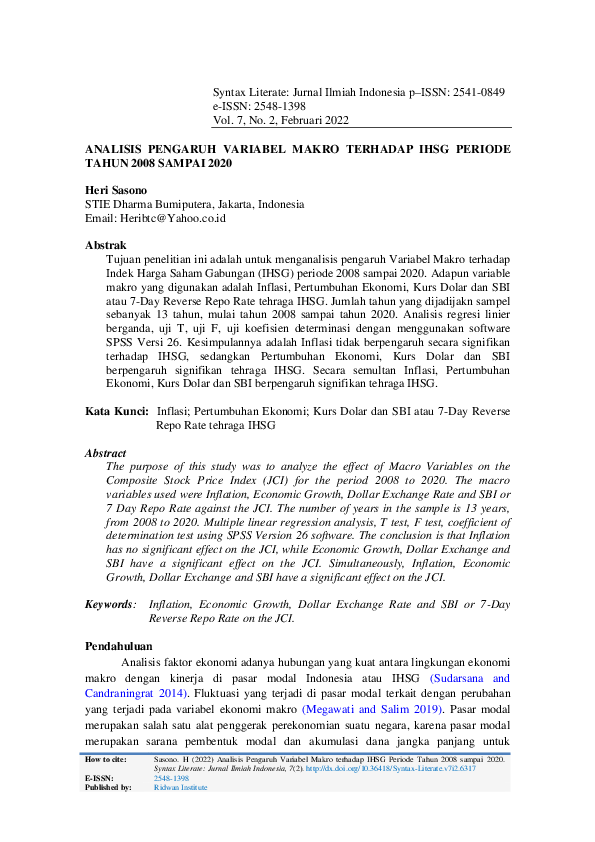 (PDF) Analisis Pengaruh Variabel Makro terhadap IHSG Periode Tahun 2008 sampai 2020