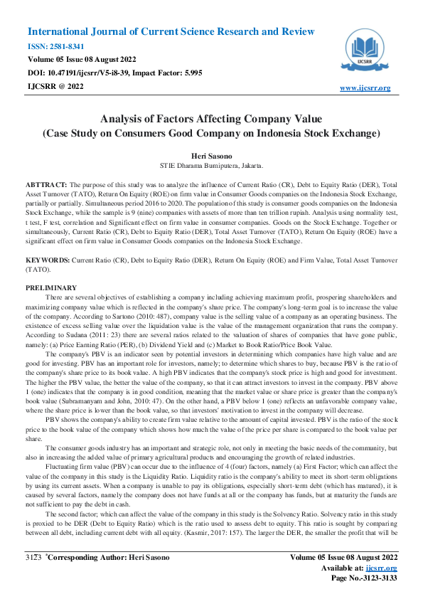 (PDF) Analysis of Factors Affecting Company Value (Case Study on Consumers Good Company on ...