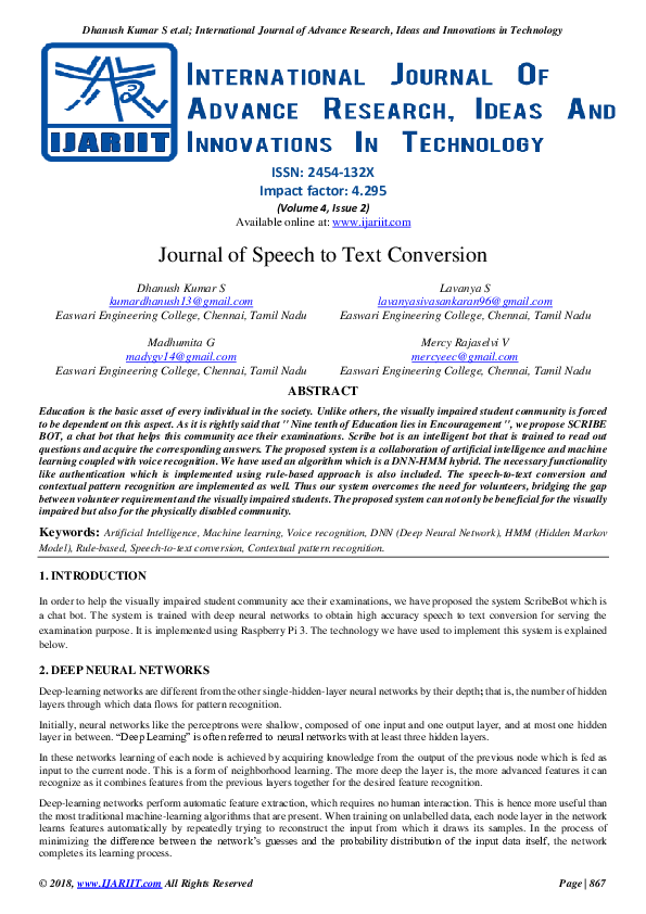 (PDF) Journal on Speech to Text Conversion