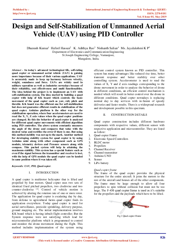(PDF) Design and Self-Stabilization of Unmanned Aerial Vehicle (UAV) using PID Controller