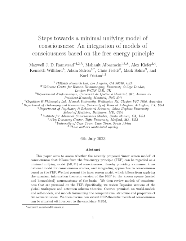 (PDF) Steps towards a minimal unifying model of consciousness: An ...