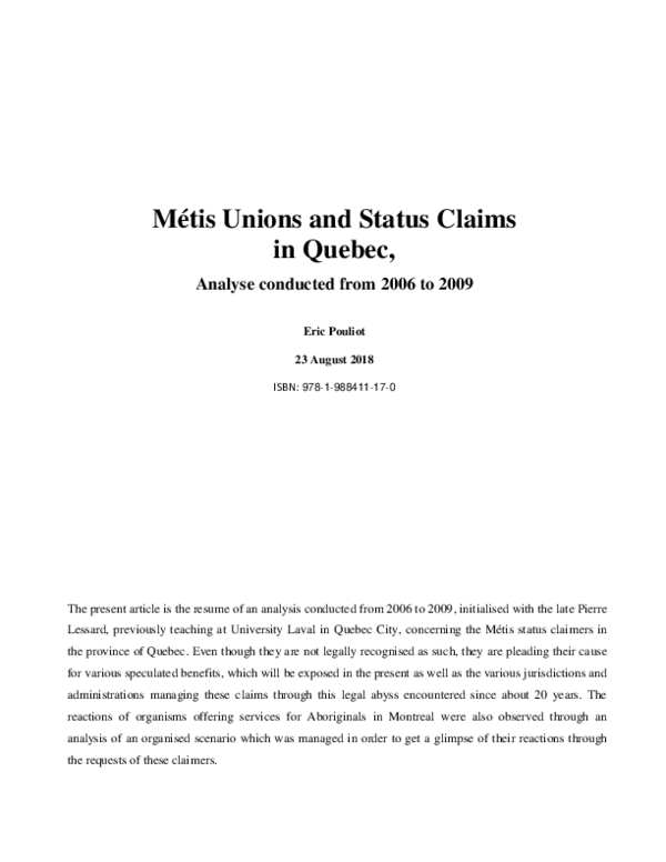 (PDF) Metis Unions and Status Claims in Quebec (2)