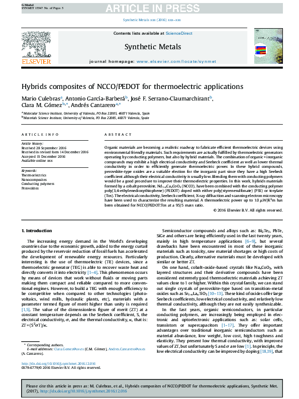 (PDF) Hybrids composites of NCCO/PEDOT for thermoelectric applications