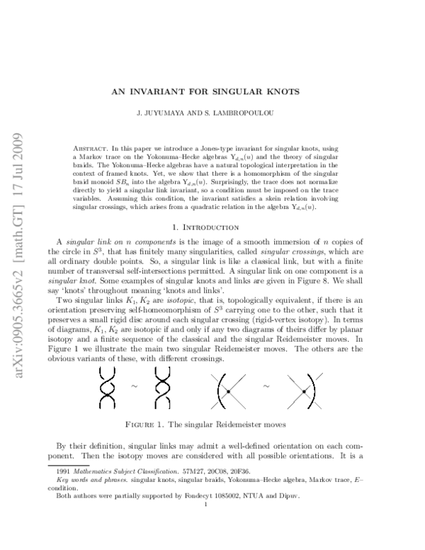 (PDF) An Invariant for Singular Knots