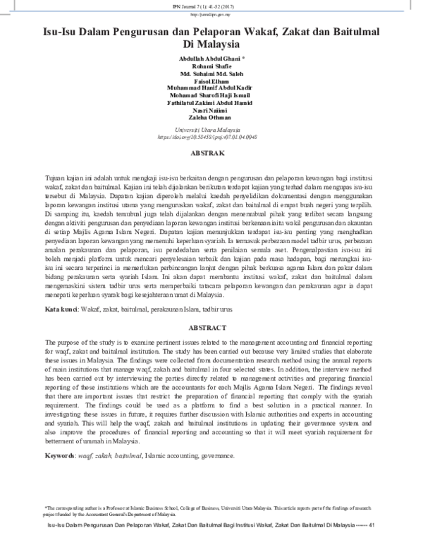 (PDF) Isu-Isu Dalam Pengurusan dan Pelaporan Wakaf, Zakat dan Baitulmal ...