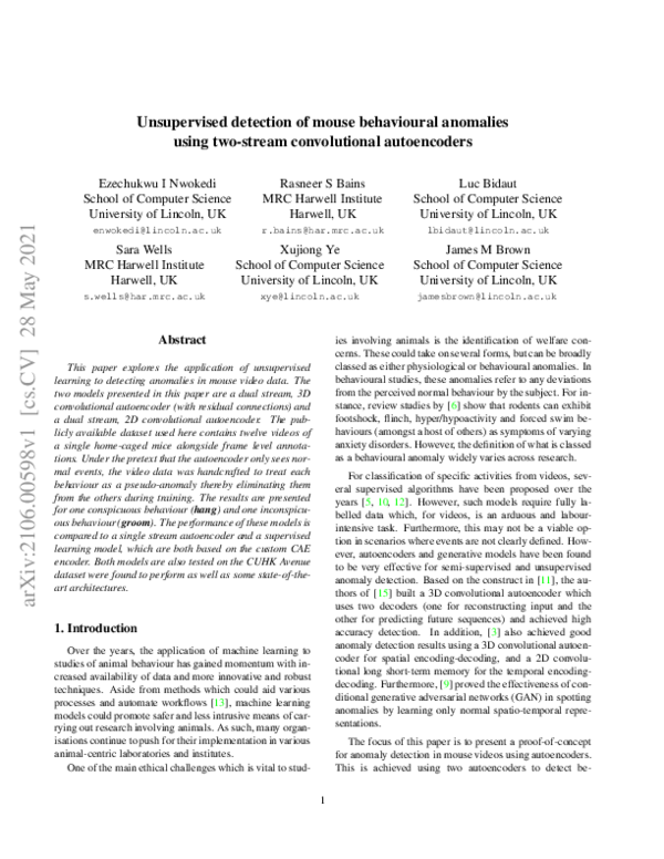 Pdf Unsupervised Detection Of Mouse Behavioural Anomalies Using Two Stream Convolutional