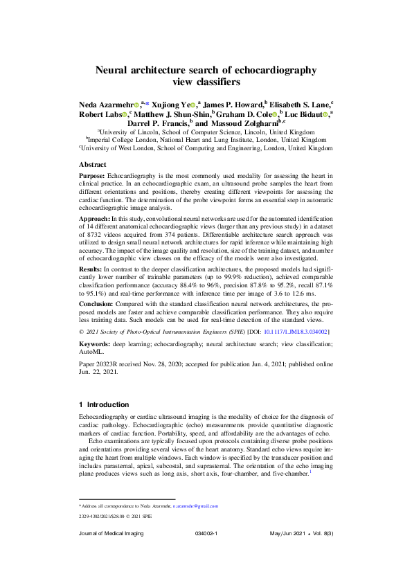 (PDF) Neural architecture search of echocardiography view classifiers