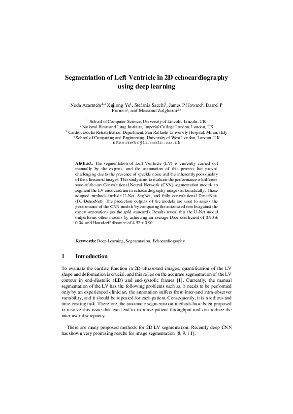(PDF) Segmentation of Left Ventricle in 2D Echocardiography Using Deep Learning | Xujiong Ye ...