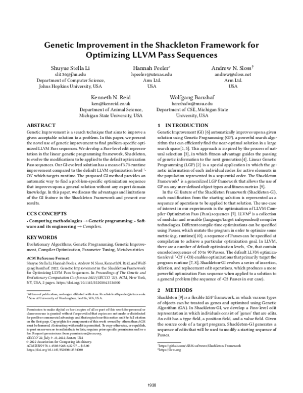 (PDF) Genetic improvement in the shackleton framework for optimizing LLVM pass sequences