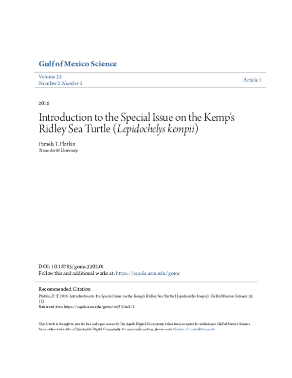 (PDF) Introduction to the Special Issue on the Kemp's Ridley Sea Turtle ...