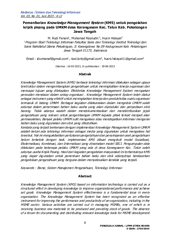 (PDF) Pemanfaatan Knowledge Management System (KMS) untuk pengolahan kripik pisang pada UMKM ...