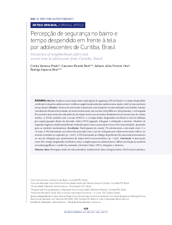 (PDF) Perception of neighborhood safety and screen time in adolescents from Curitiba, Brazil ...
