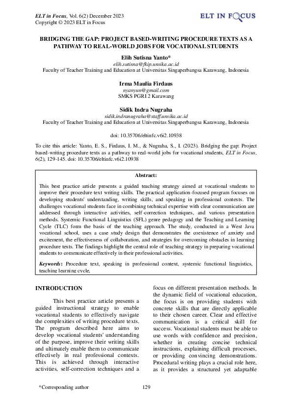 (PDF) BRIDGING THE GAP: PROJECT BASED-WRITING PROCEDURE TEXTS AS A PATHWAY TO REAL-WORLD JOBS ...