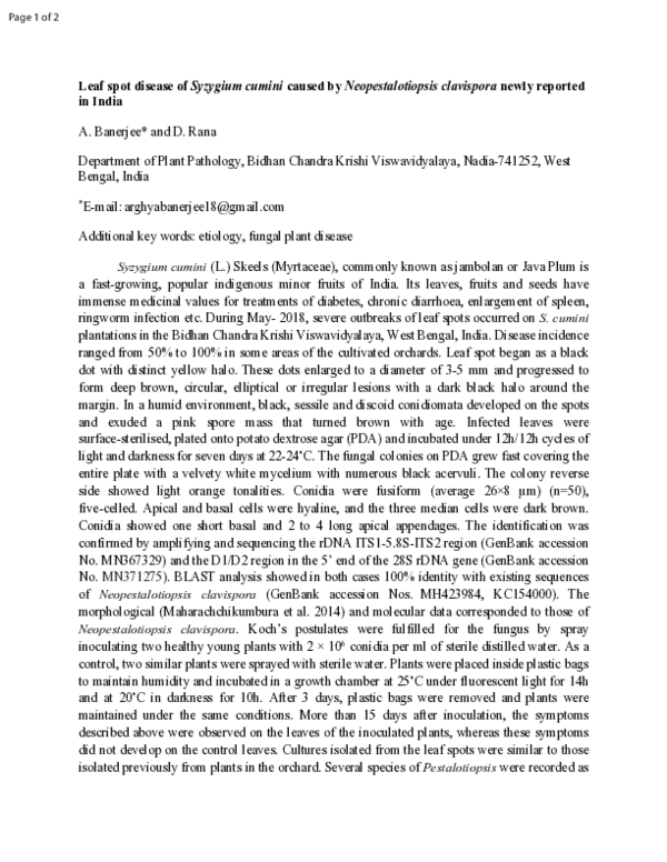 (PDF) Leaf Spot Disease of Syzygium cumini Caused by Neopestalotiopsis ...