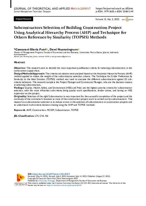 Pdf Subcontractors Selection Of Building Construction Project Using Analytical Hierarchy