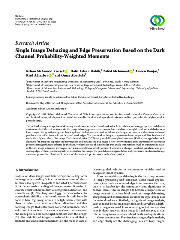 (PDF) Single Image Dehazing and Edge Preservation Based on the Dark Channel Probability-Weighted ...