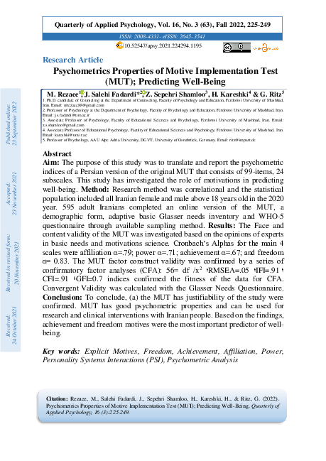 (PDF) Psychometrics Properties of Motive Implementation Test (MUT ...