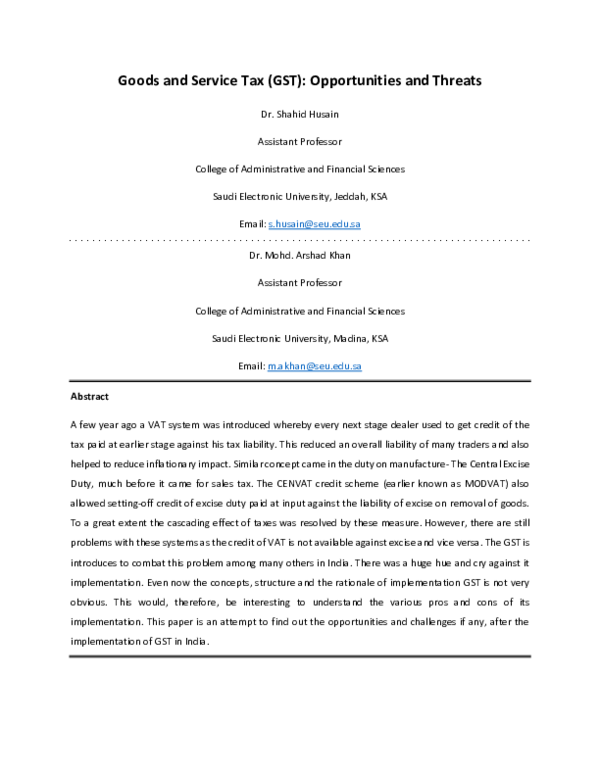 (PDF) Goods and Service Tax (GST): Opportunities and Threats