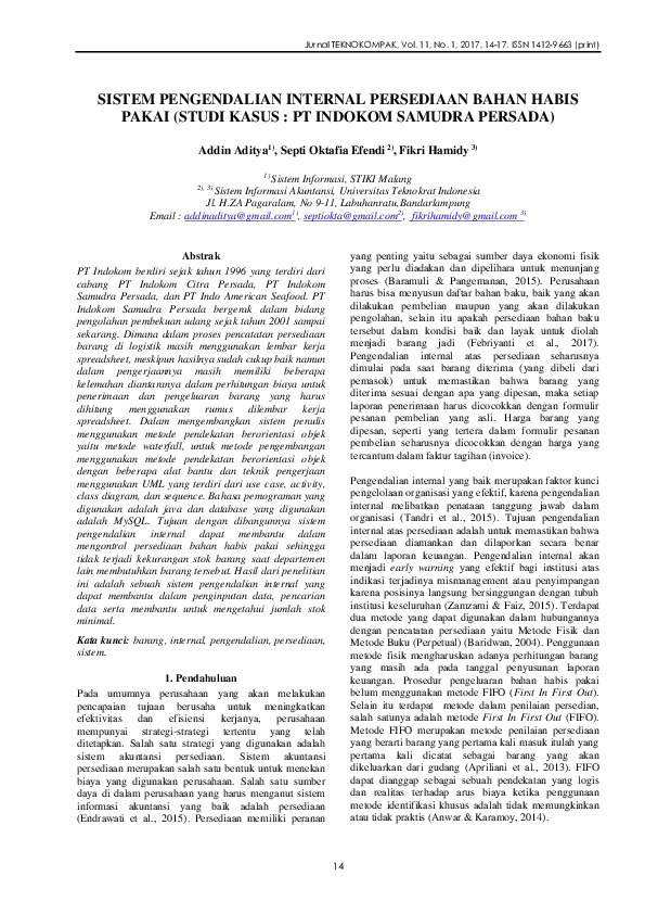 (PDF) Sistem Pengendalian Internal Persediaan Bahan Habis Pakai (Studi Kasus : PT Indokom ...