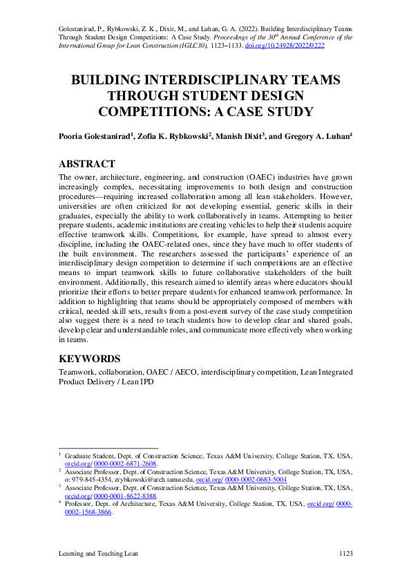 (PDF) Building Interdisciplinary Teams Through Student Design Competitions: A Case Study