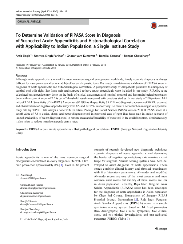 (PDF) To Determine Validation of RIPASA Score in Diagnosis of Suspected ...