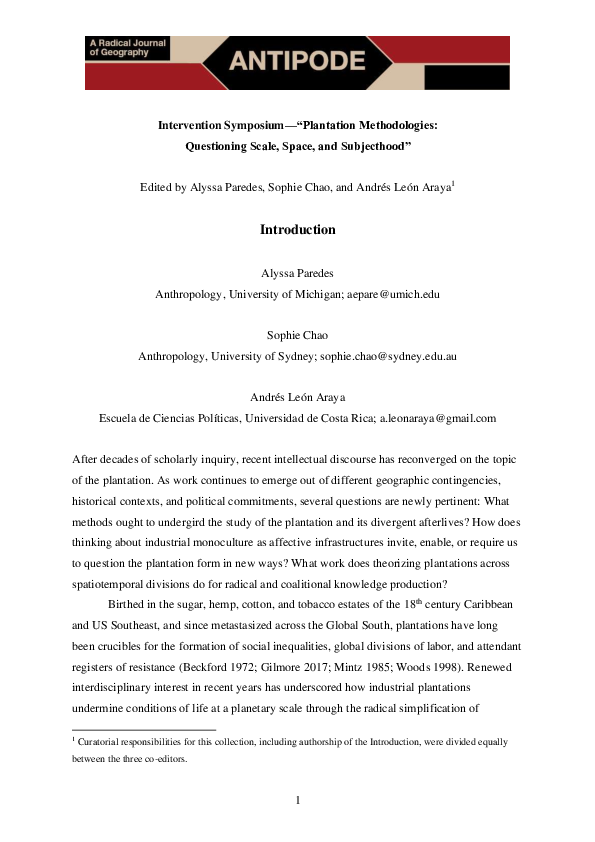 (PDF) Intervention Symposium-"Plantation Methodologies: Questioning ...