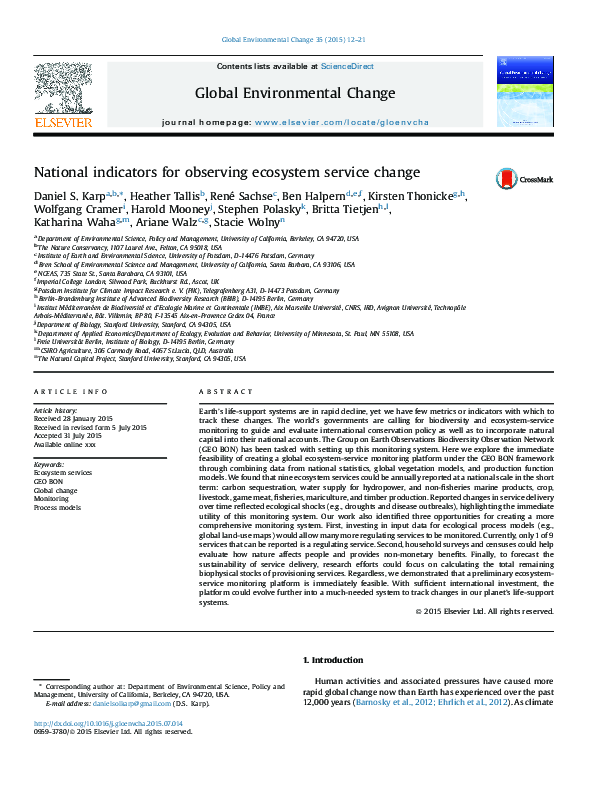 (PDF) National indicators for observing ecosystem service change