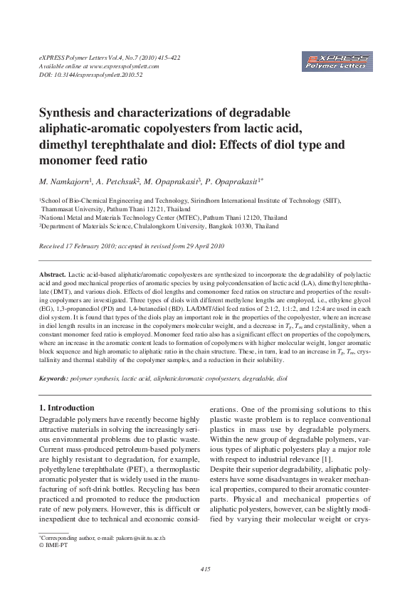 (PDF) Synthesis and characterizations of degradable aliphatic-aromatic ...