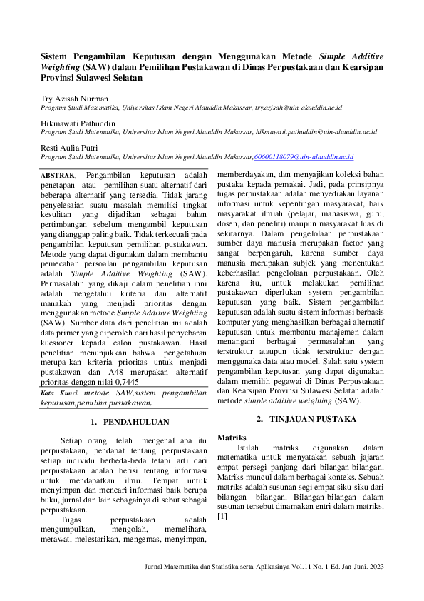 (PDF) Sistem Pengambilan Keputusan dengan Menggunakan Metode Simple Additive Weighting (SAW ...