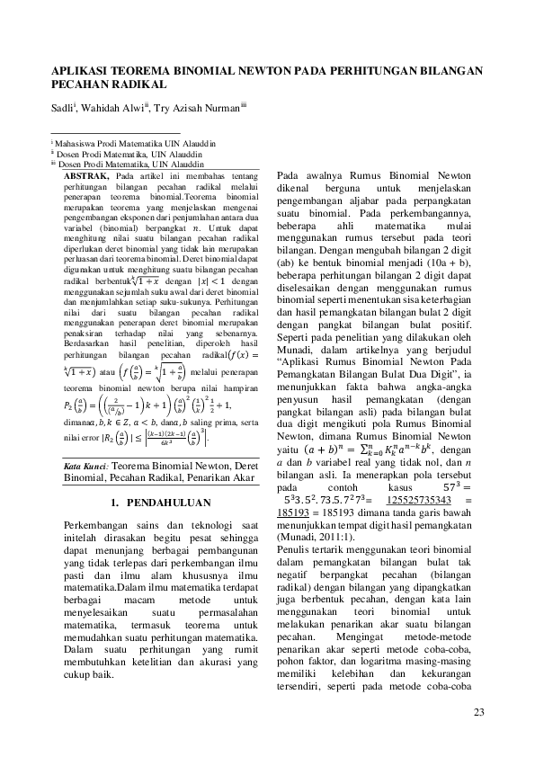 (PDF) Aplikasi Teorema Binomial Newton Pada Perhitungan Bilangan Pecahan Radikal