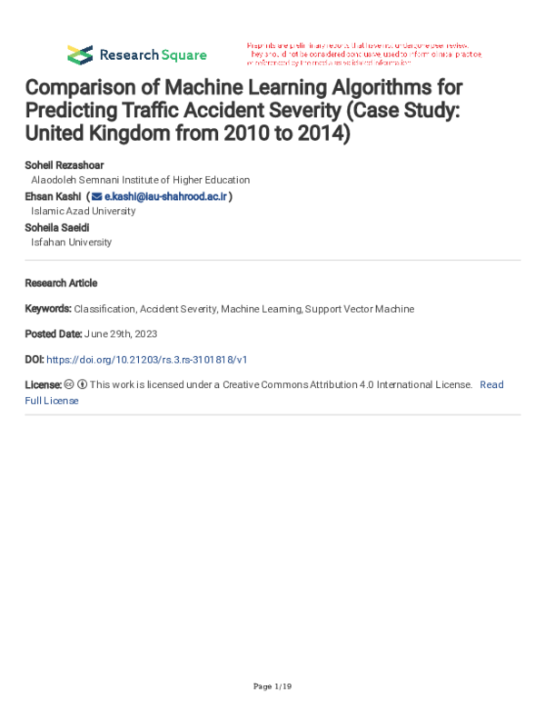 (PDF) Comparison of Machine Learning Algorithms for Predicting Traffic Accident Severity (Case ...