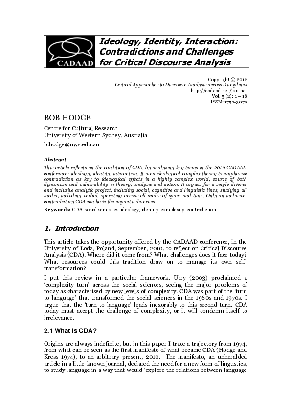 (PDF) Ideology, identity, interaction : contradictions and challenges ...