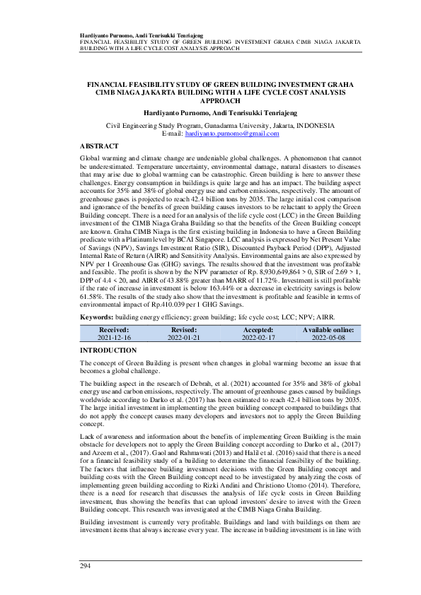 (PDF) Financial Feasibility Study of Green Building Investment Graha ...