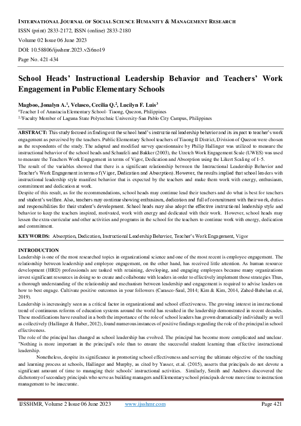 Pdf School Heads Instructional Leadership Behavior And Teachers