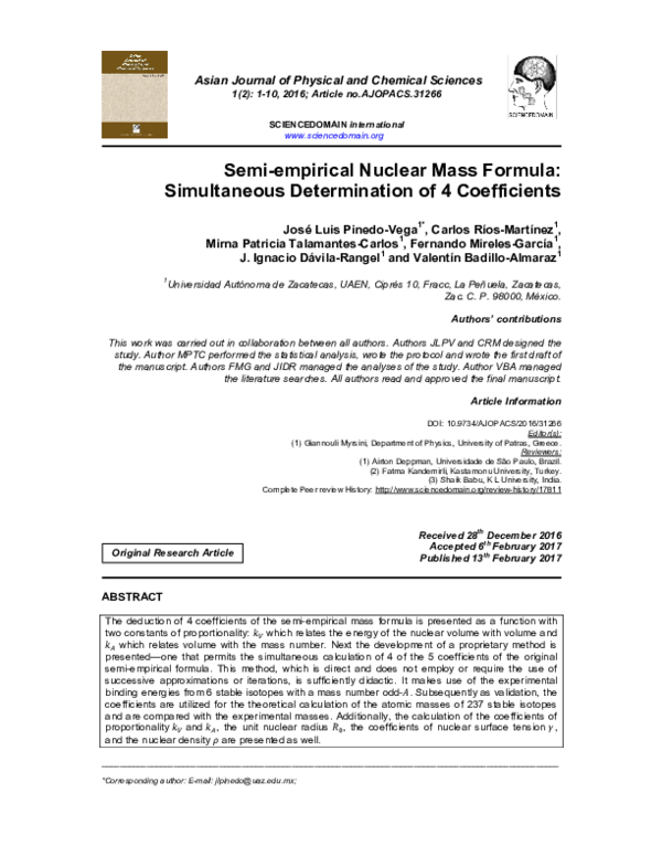 (PDF) Semi-empirical Nuclear Mass Formula: Simultaneous Determination of 4 Coefficients