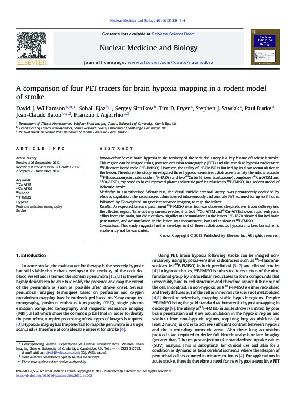 (PDF) A comparison of four PET tracers for brain hypoxia mapping in a ...